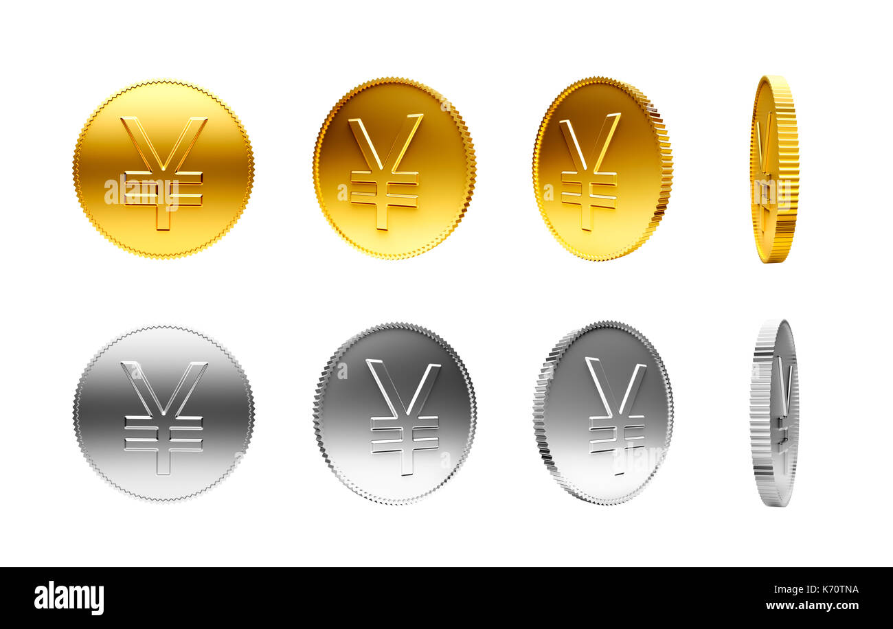 Gold and silver coins with Japanese Yen sign isolated on a white ...