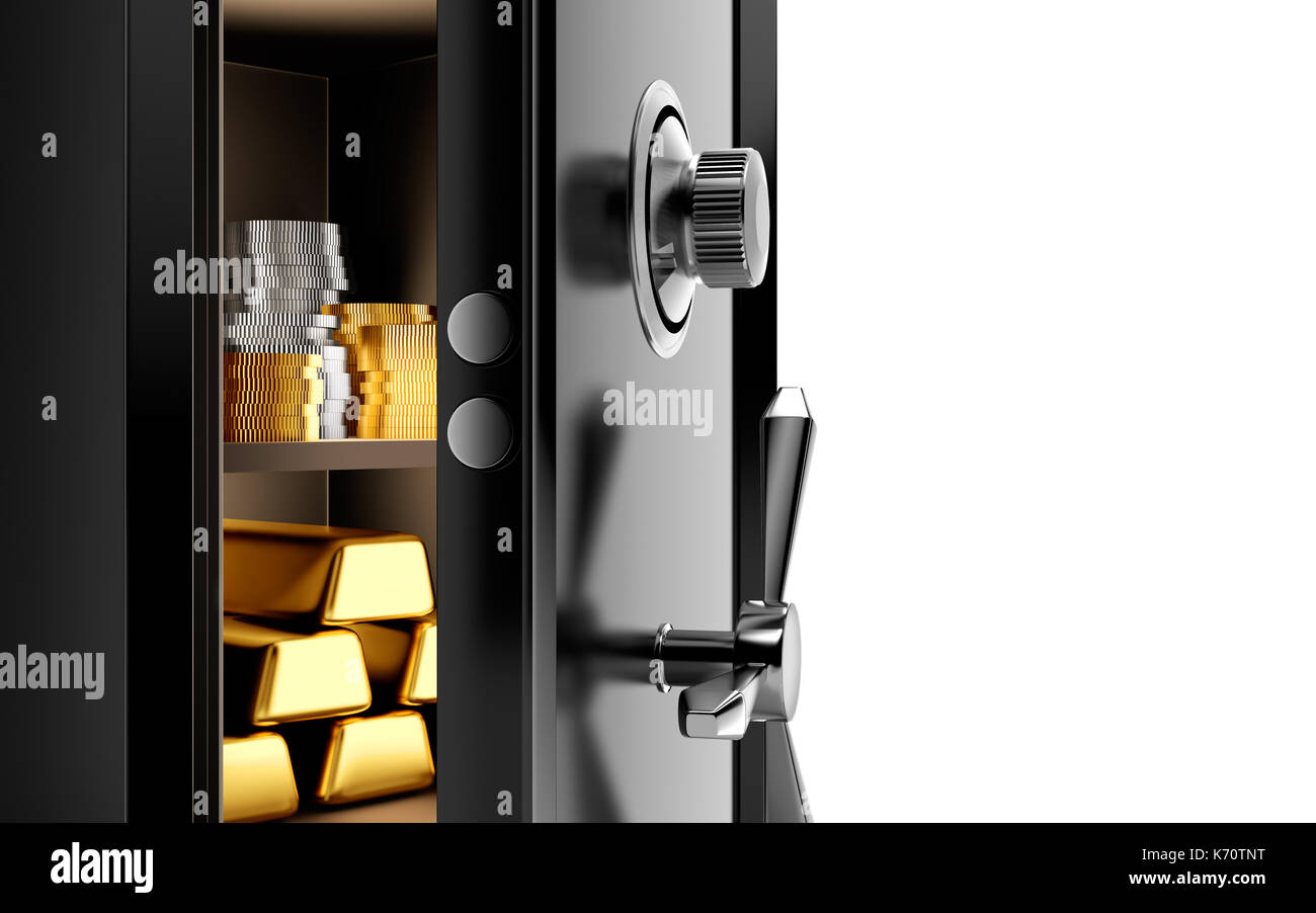 Precious metals stored in safe box isolated on white background Stock ...