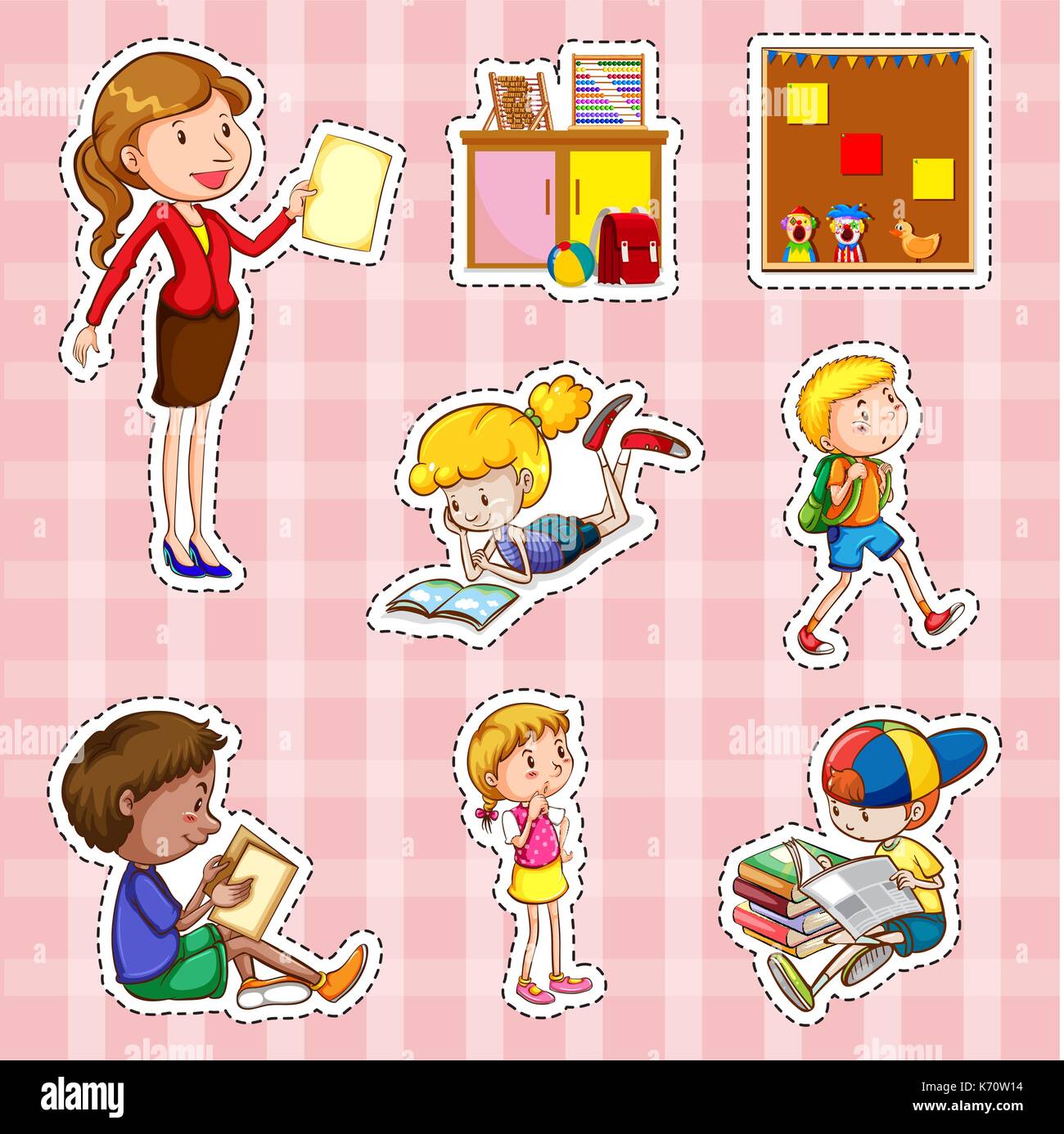 Sticker set with students and teacher illustration Stock Vector Image ...
