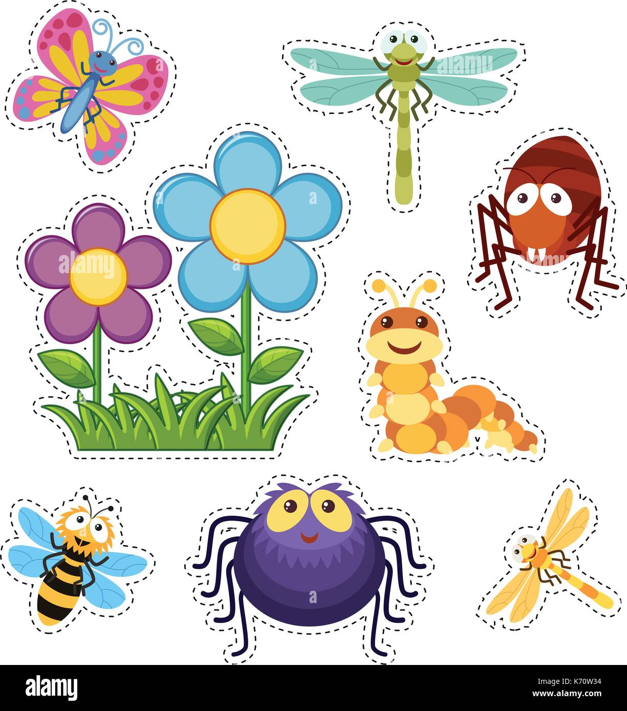 Sticker set with flowers and bugs illustration Stock Vector Image & Art ...