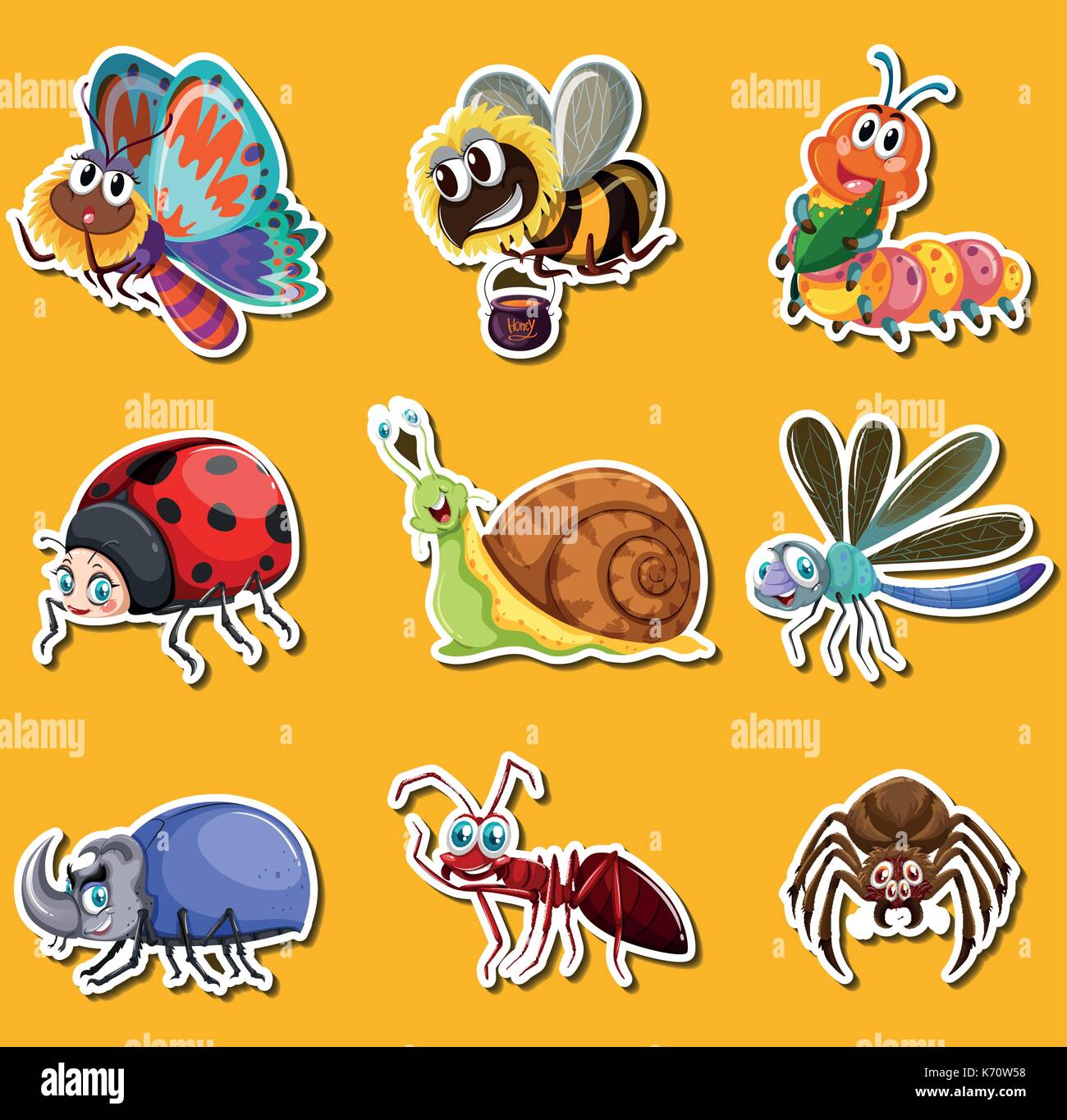 Sticker set with many insects on yellow background illustration Stock ...