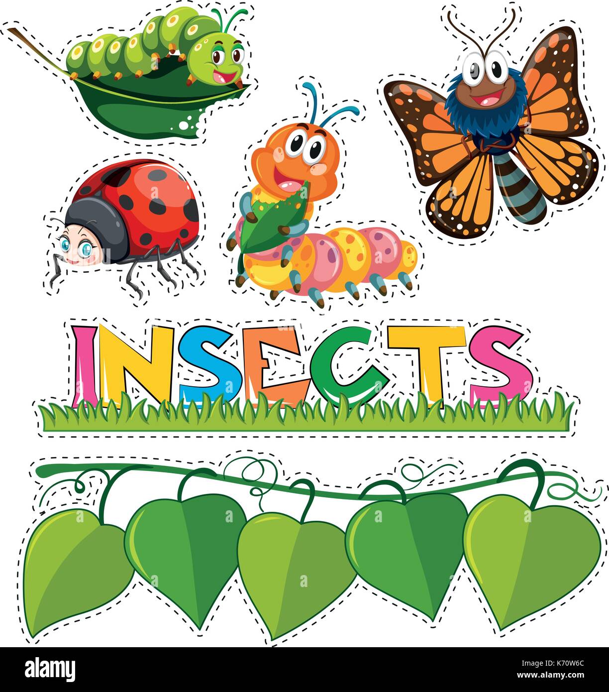 Sticker set with different insects in garden illustration Stock Vector ...