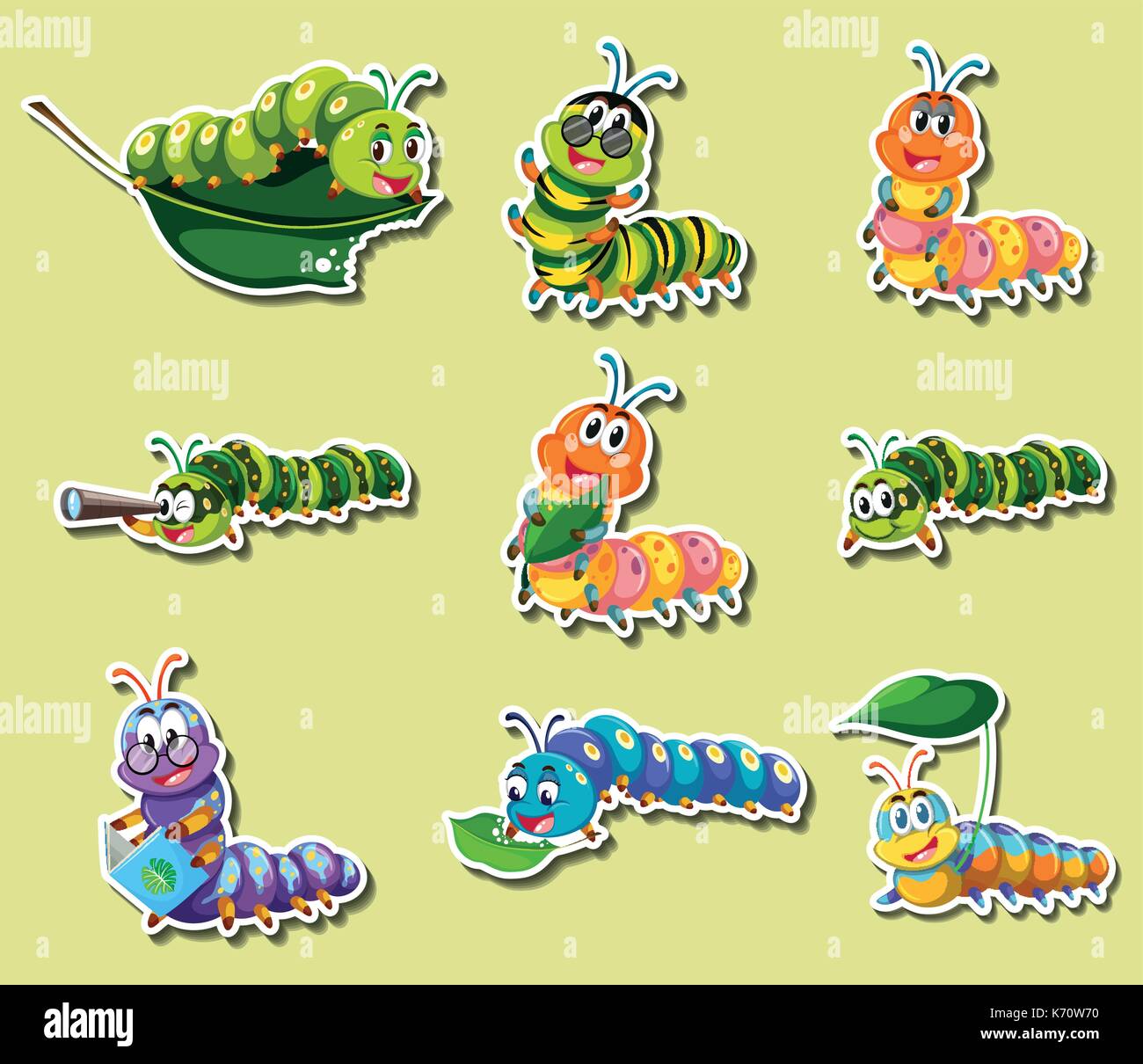 Sticker set with different color caterpillars illustration Stock Vector ...