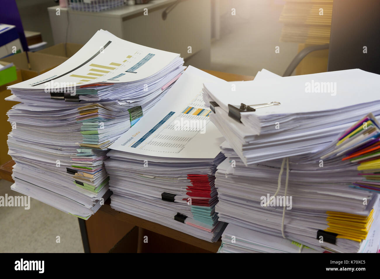 Business and finance concept of office working, Pile of unfinished ...