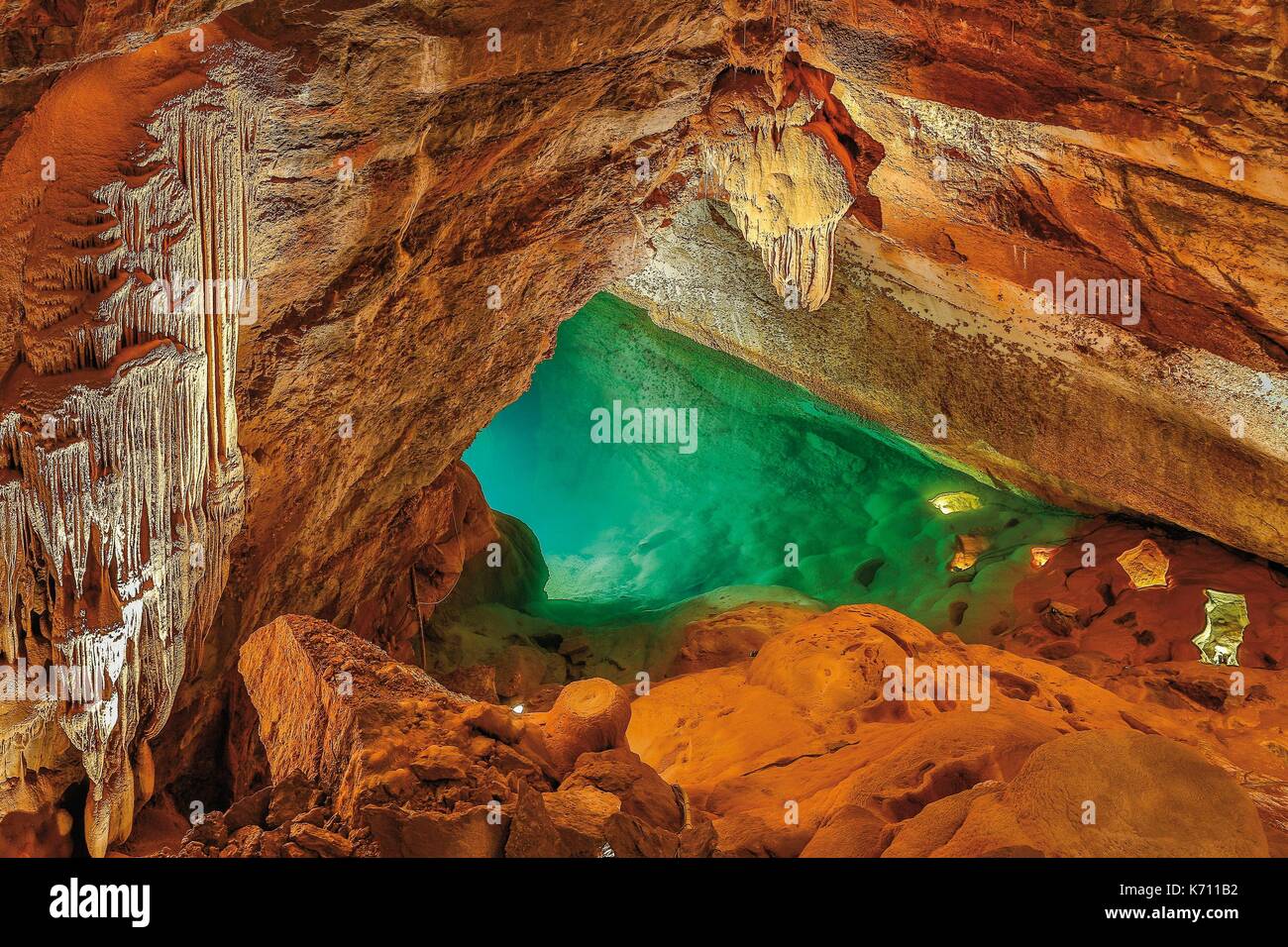 France, Gard, Mialet, Trabuc Cave, crystal green water at the bottom of ...