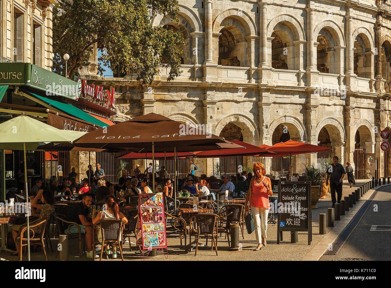 France, Gard, Nimes, Arenas, bars in front of the amphitheater Stock ...