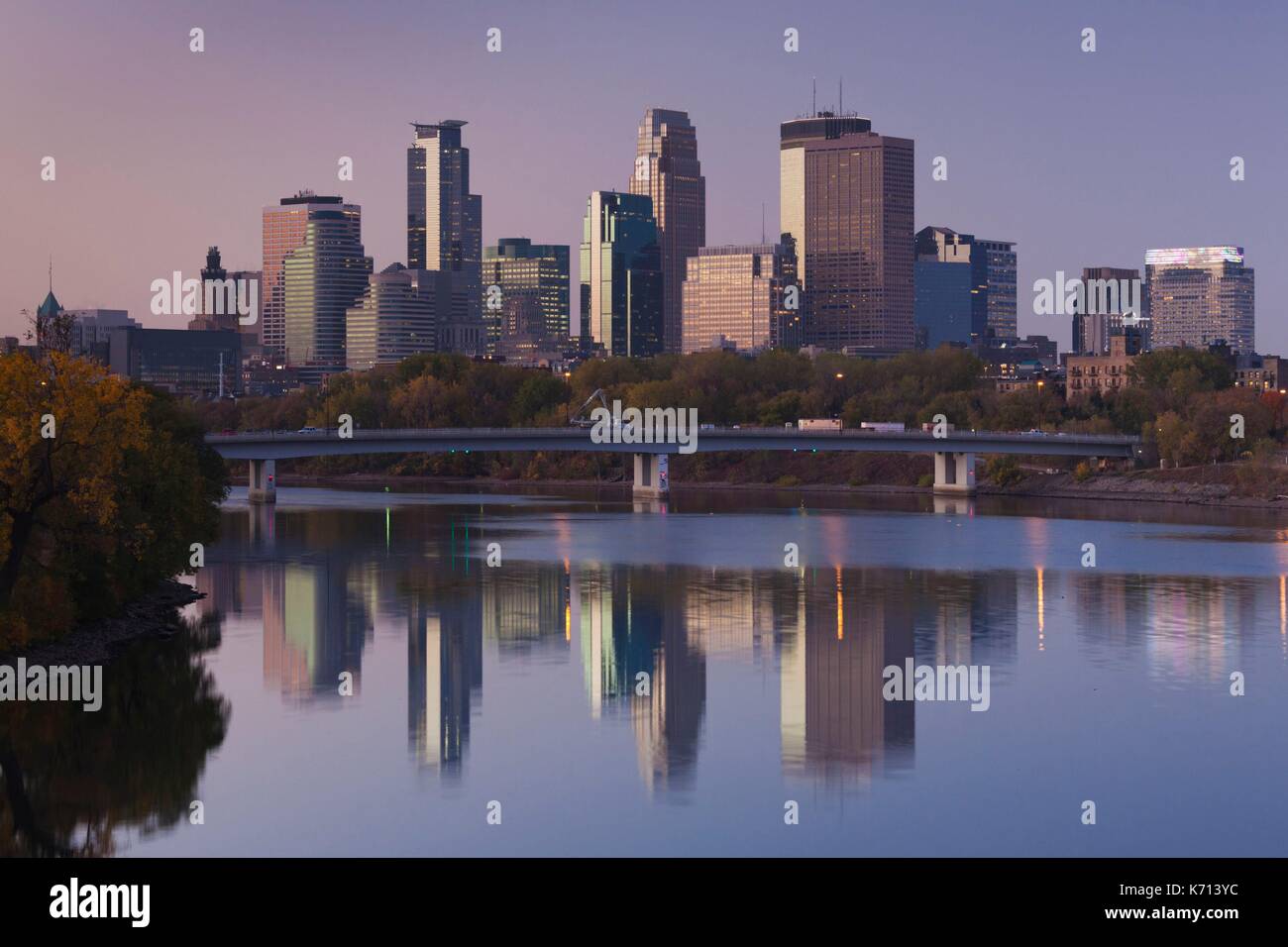 United States, Minnesota, Minneapolis, skyline from the Mississippi ...