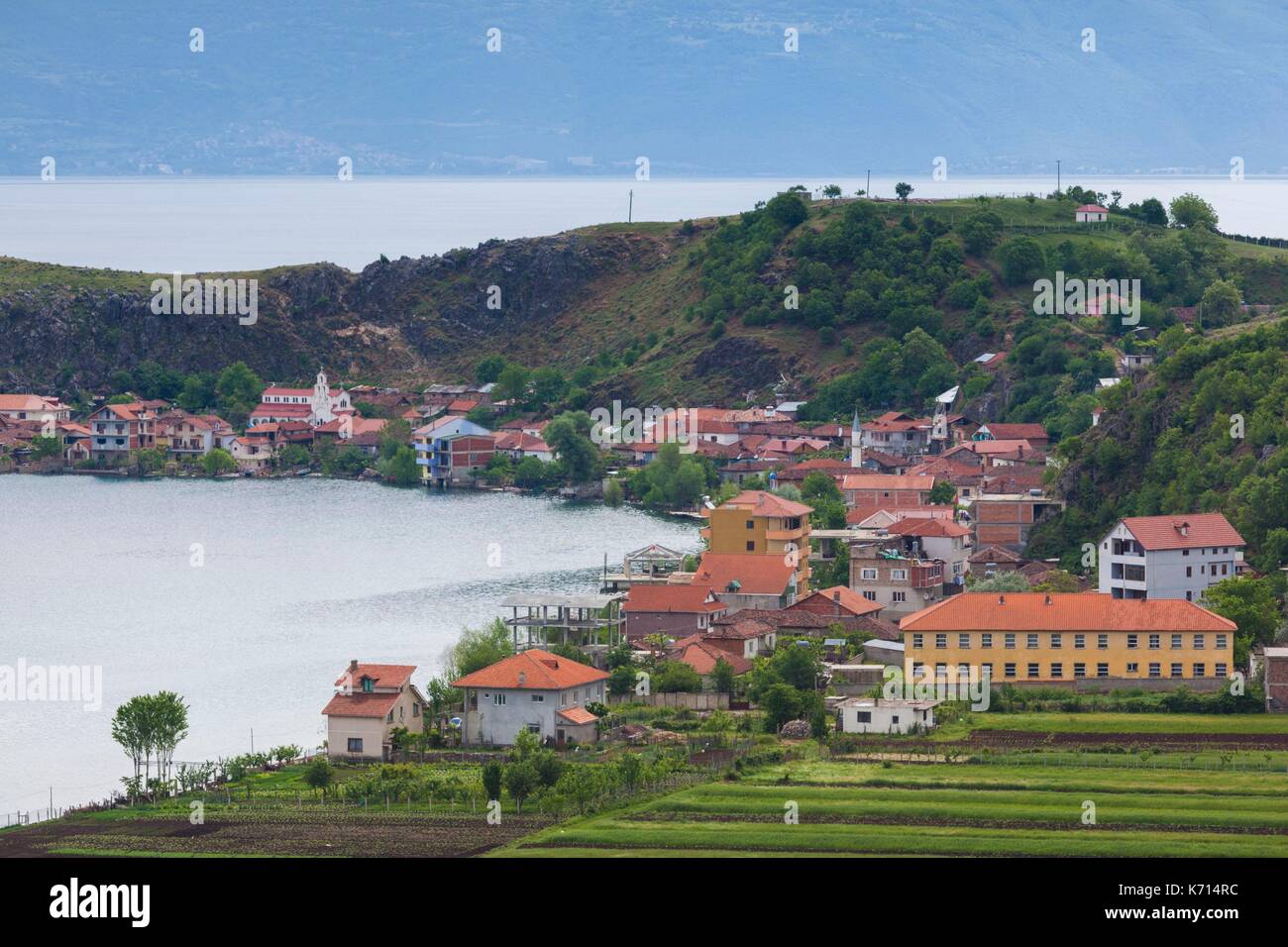 Albania, Lake Ohrid-area, Lin, lakefront town, elevated view Stock ...