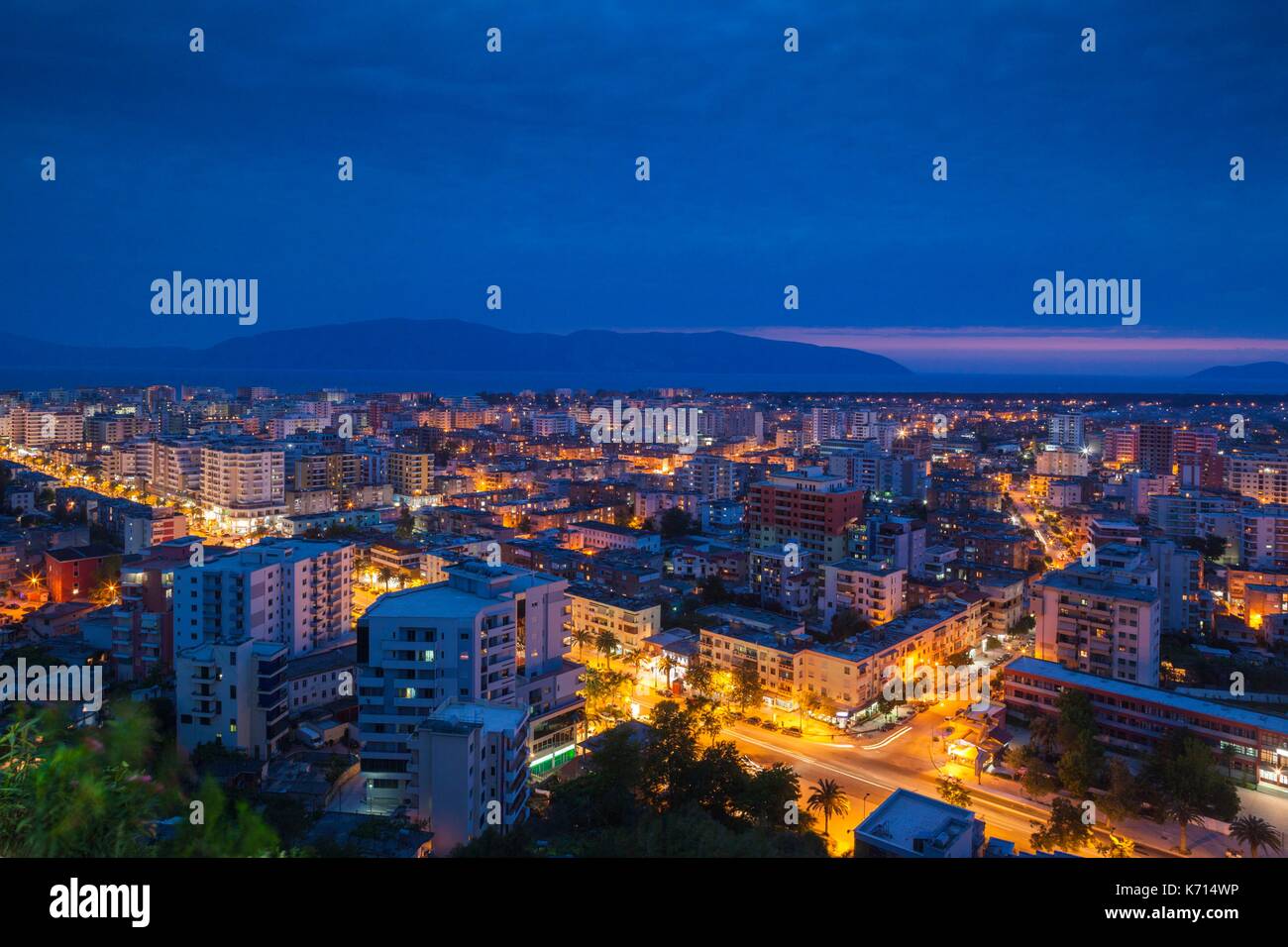 Albania, Vlora, elevated city view, dusk Stock Photo - Alamy