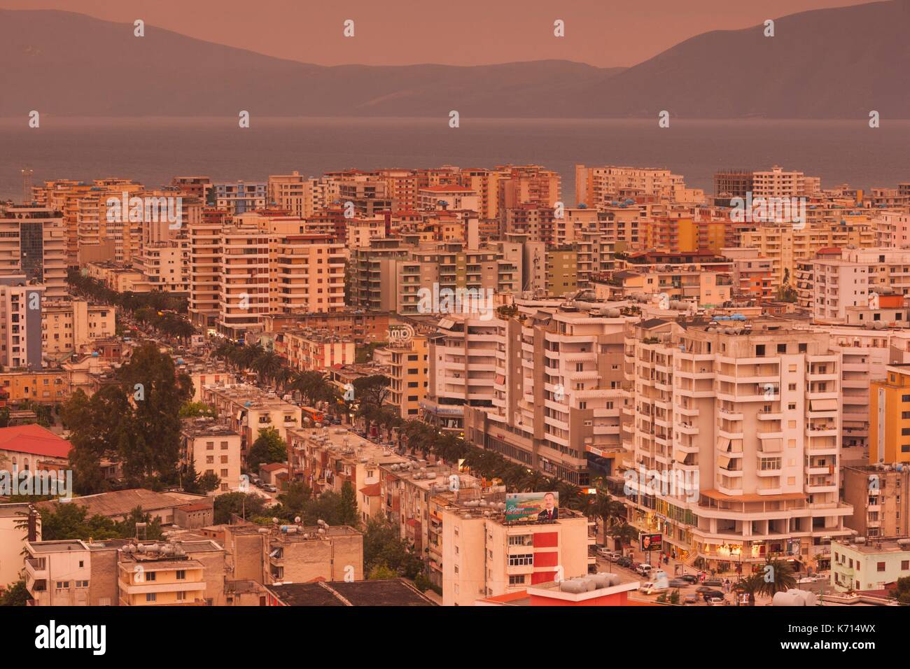 Albania, Vlora, elevated city view, dusk Stock Photo - Alamy