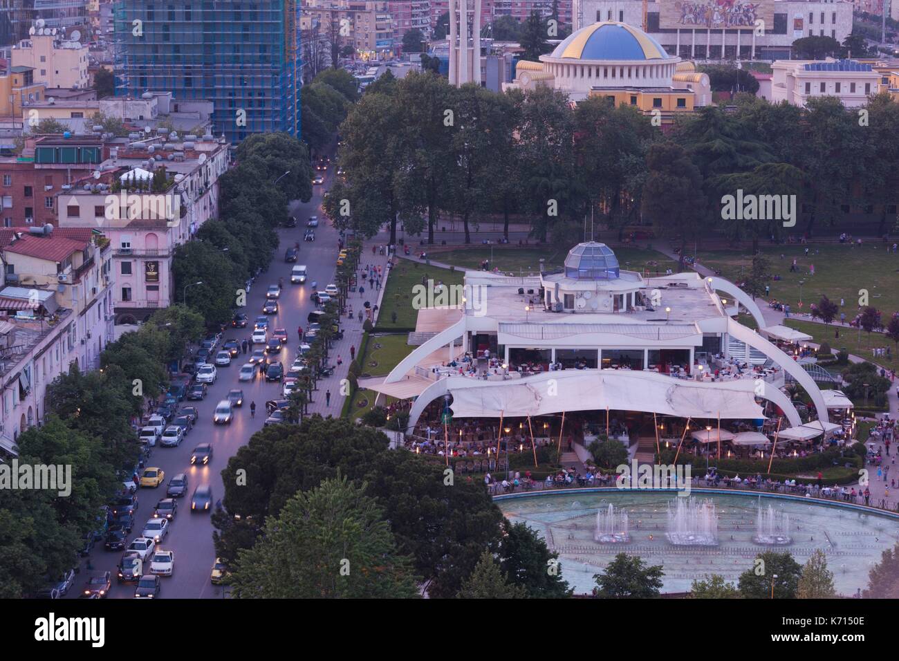 Albania, Tirana, elevated overview of Rinia Park and Taiwan Restaurant ...
