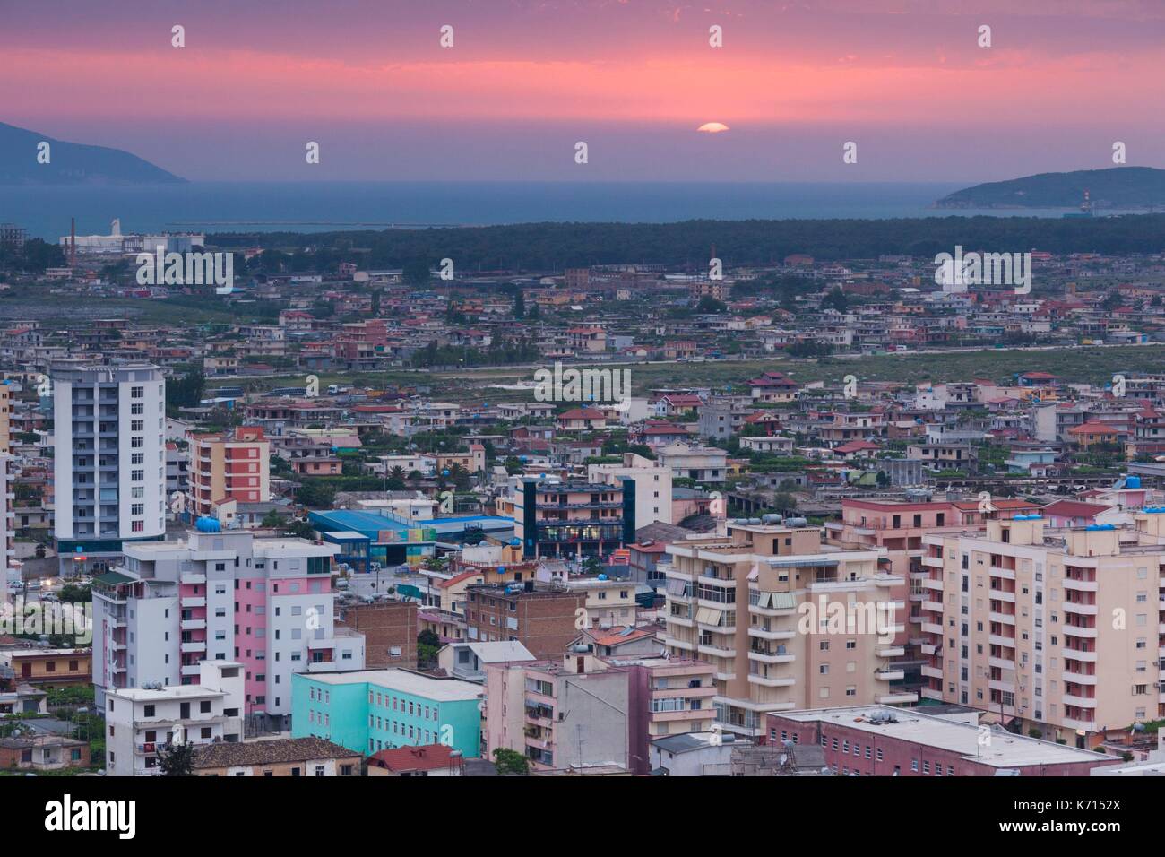Albania, Vlora, elevated city view, dusk Stock Photo - Alamy
