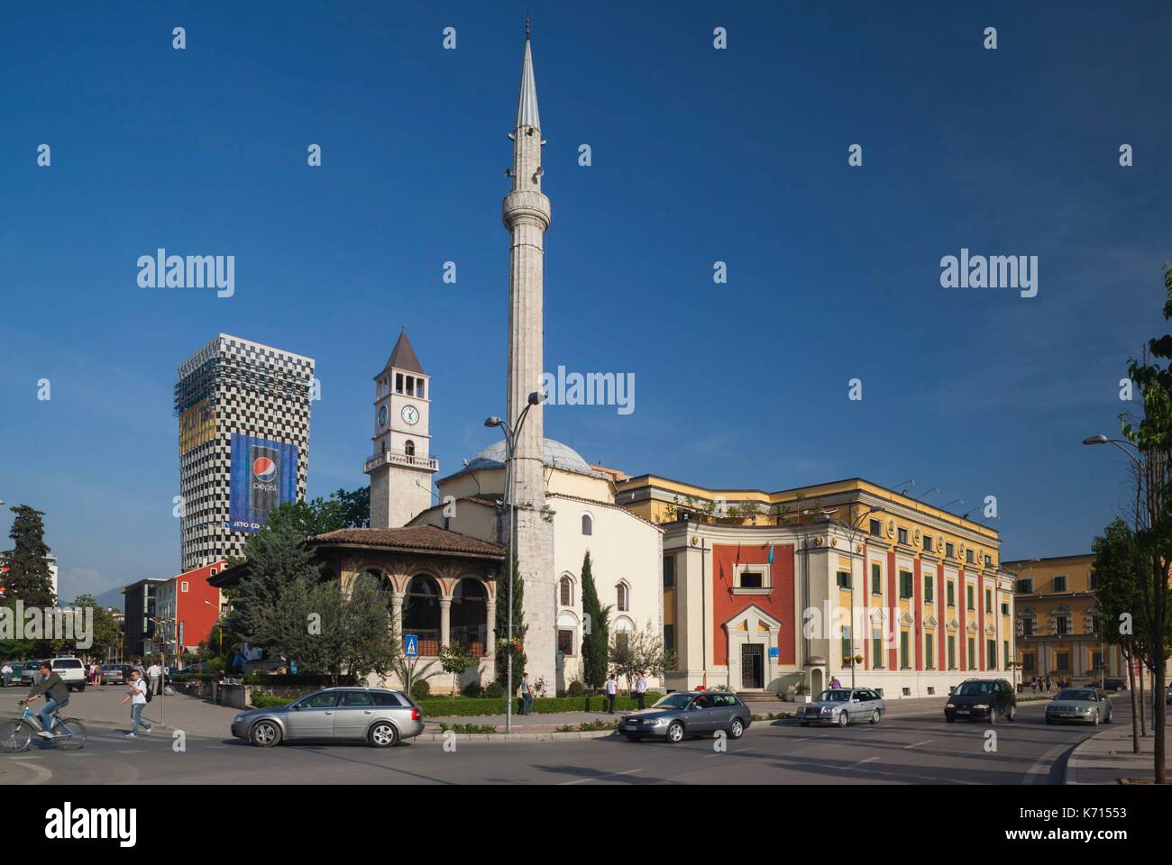 Albania, Tirana, Skanderbeg Square, Ethem Bey Mosque Stock Photo - Alamy