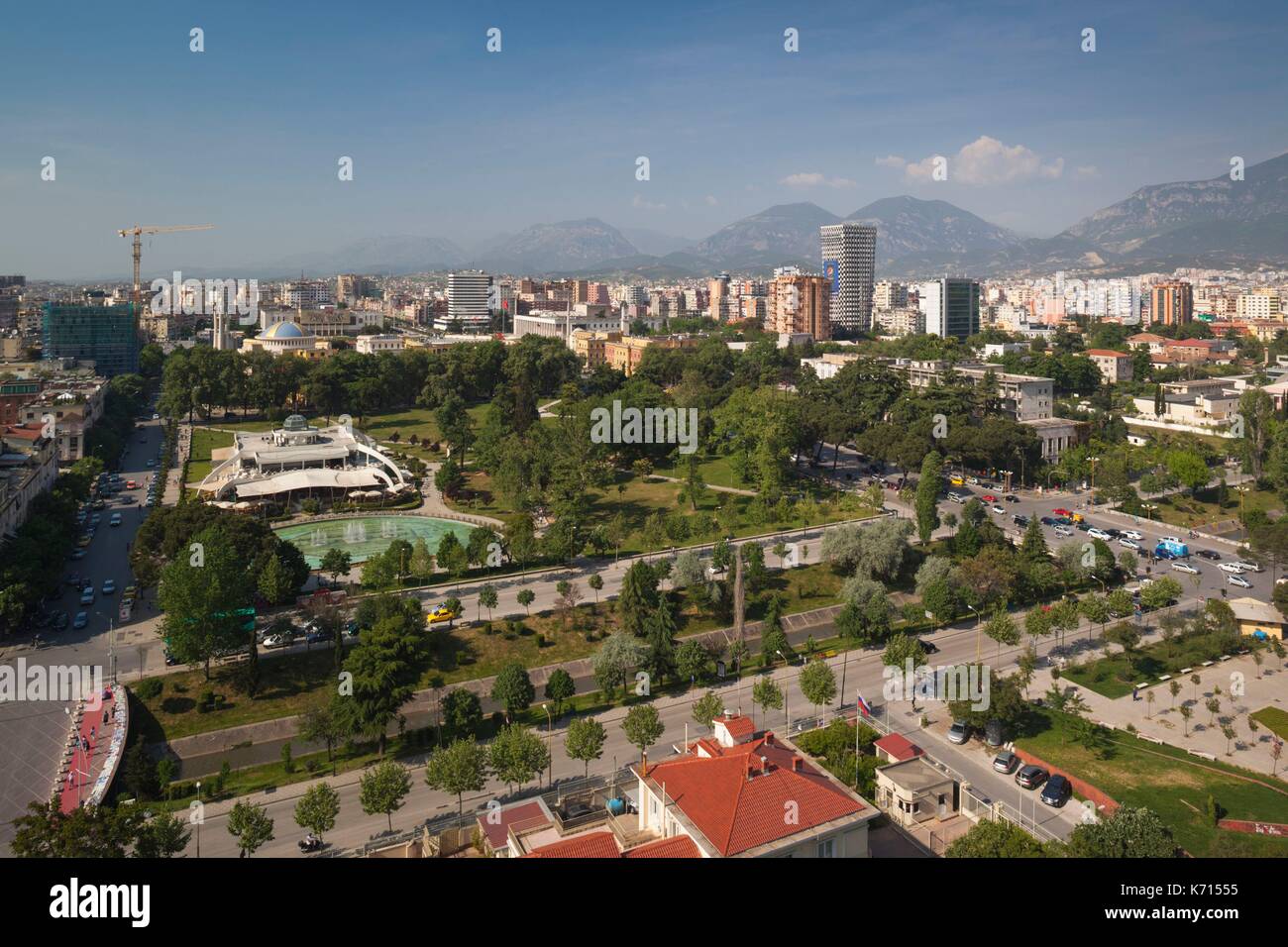 Albania, Tirana, elevated overview of Rinia Park and Taiwan Restaurant ...