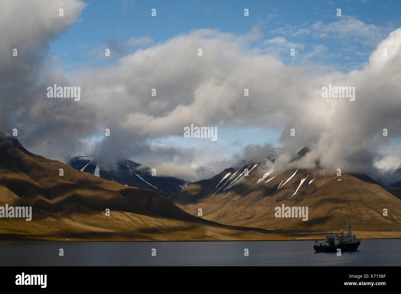 Norway, Svalbard, Spitzberg island, Isfjord, boat on Isfjord Stock ...