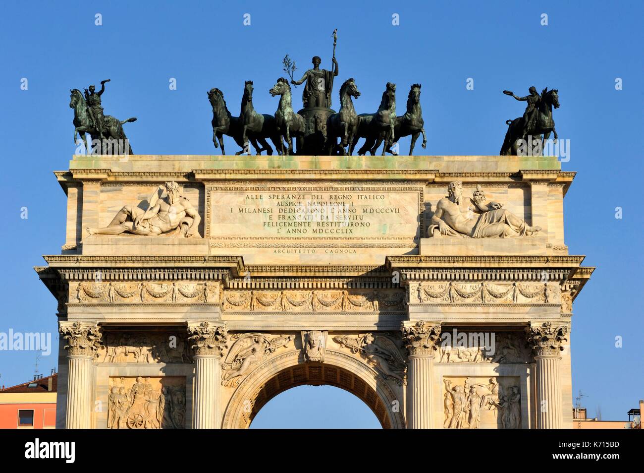 Italy, Lombardy, Milan, Simplon Gate (Porta Sempione), marked by a ...
