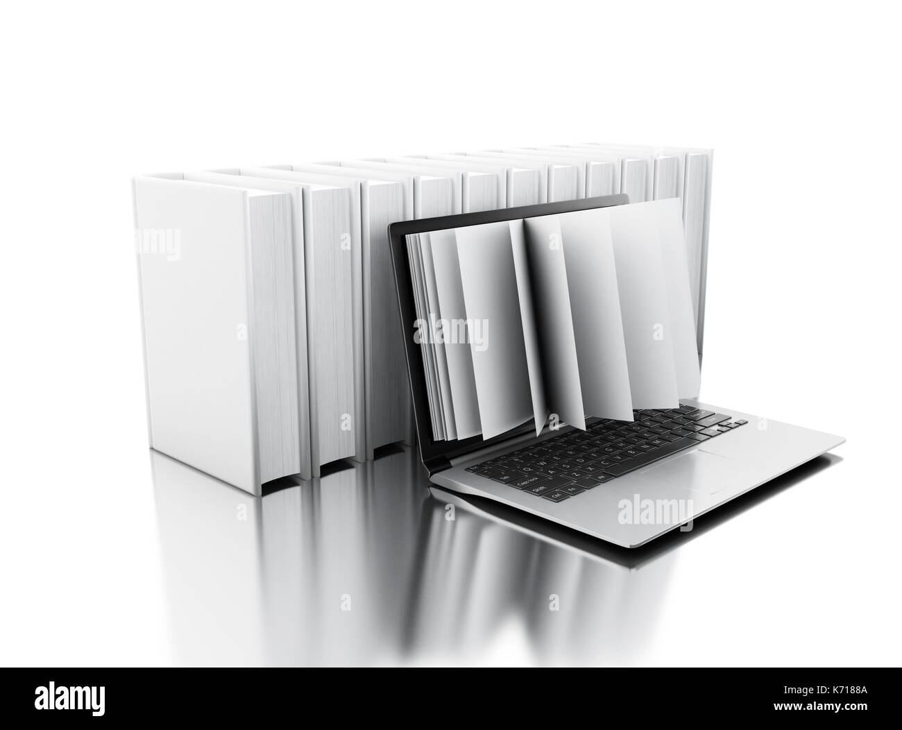 3d illustration. Laptop computer with book pages and some white books ...