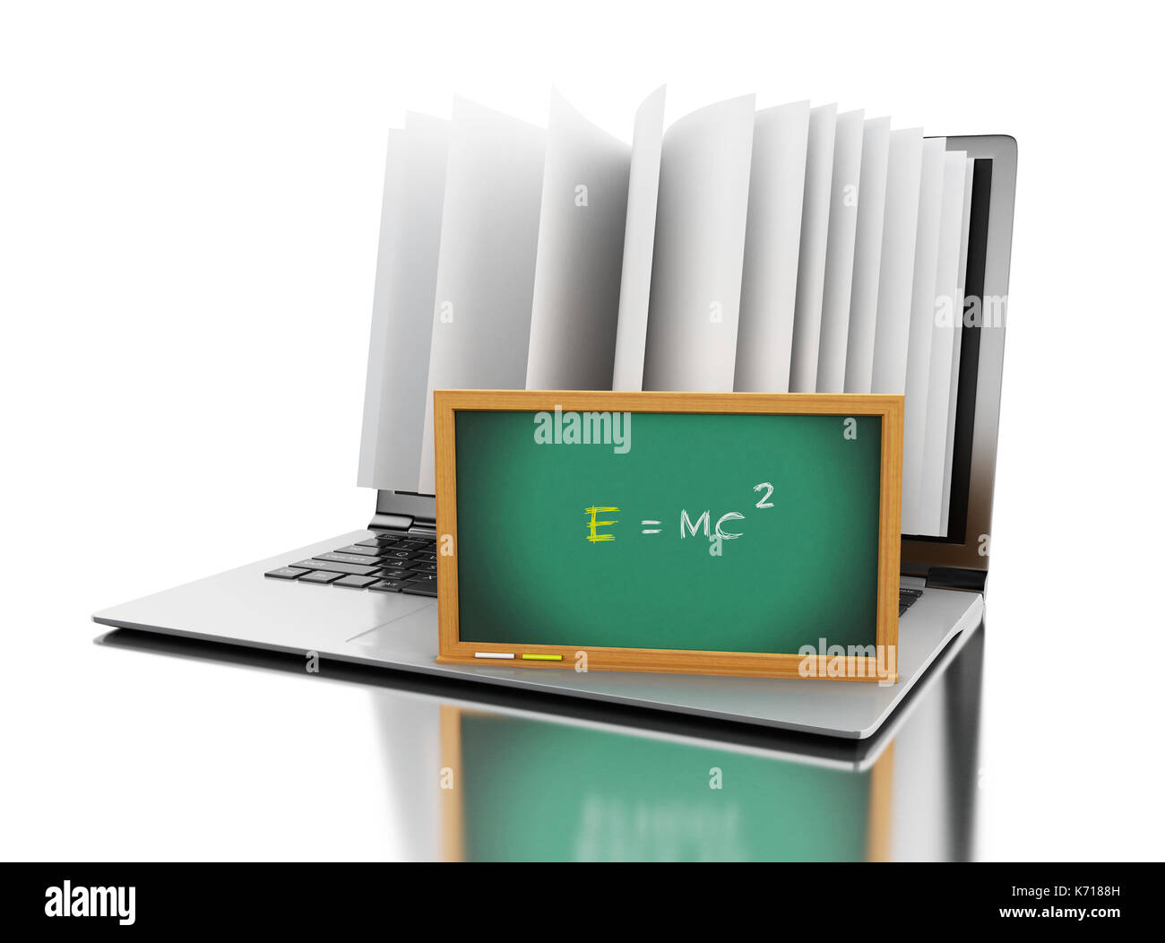 3d illustration. Laptop computer with book pages and "E=MC2" text on ...
