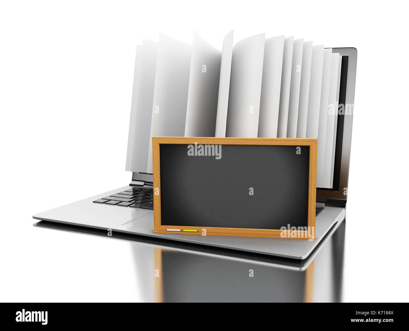 3d illustration. Laptop computer with book pages and empty blackboard ...