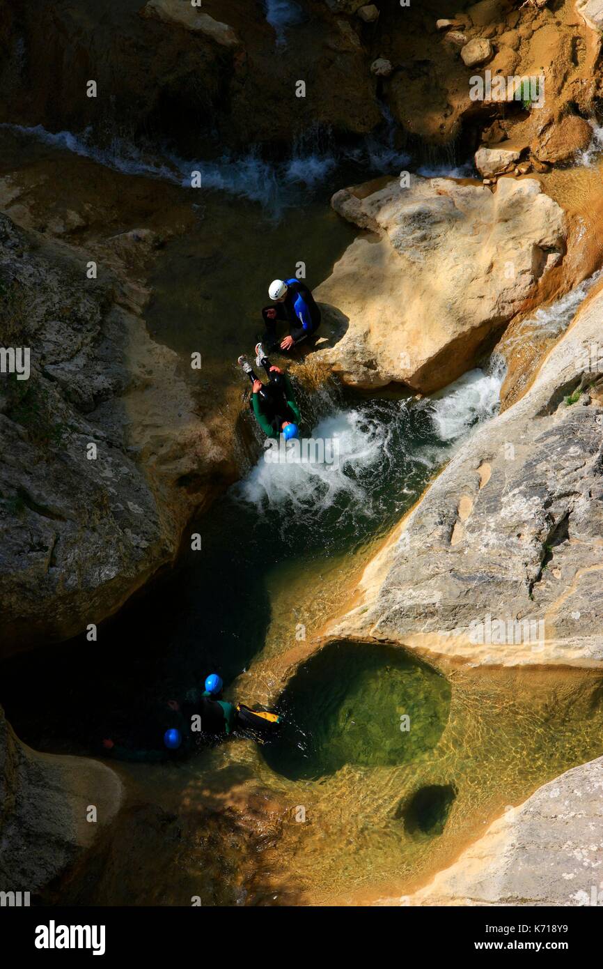 France, Aude, Galamus gorge, the Agly river flowing at the bottom of ...