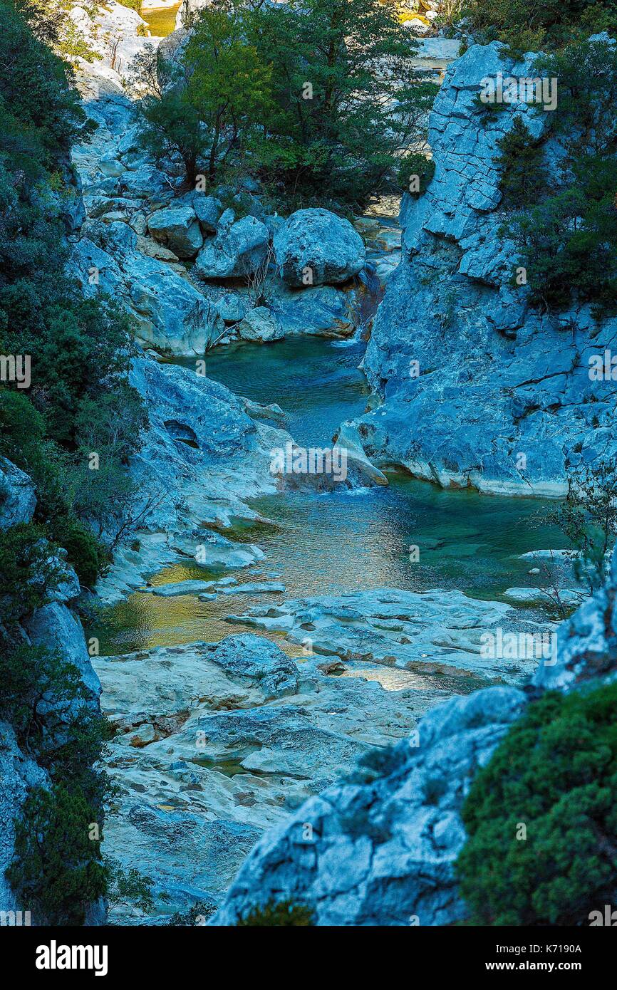 France, Aude, Galamus gorge, the Agly river flowing at the bottom of ...
