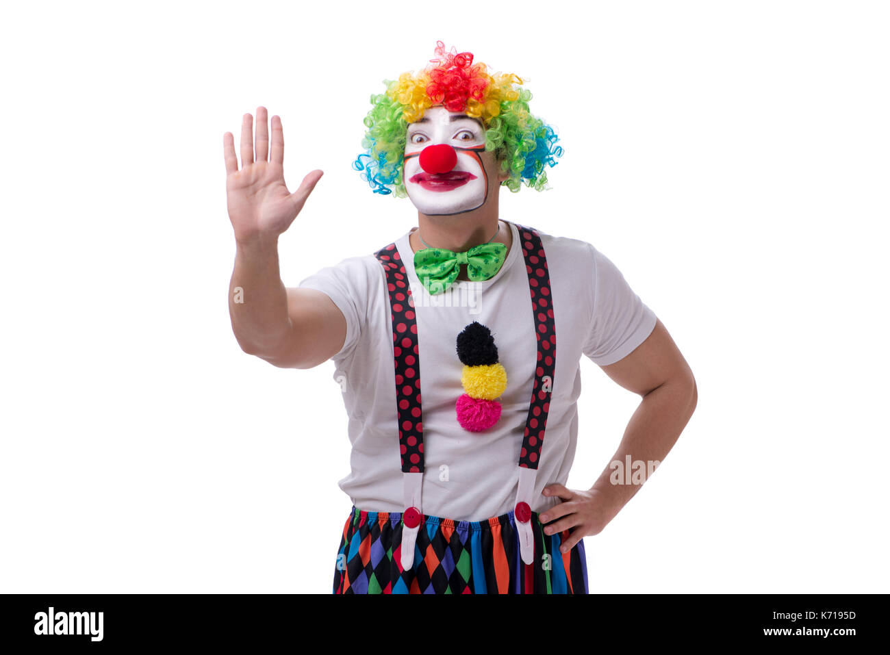 Funny clown acting silly isolated on white background Stock Photo - Alamy