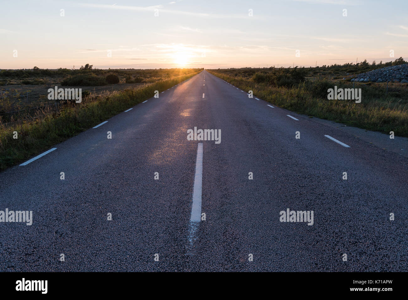 Straight country road in an open landscape by sunset at the swedish ...
