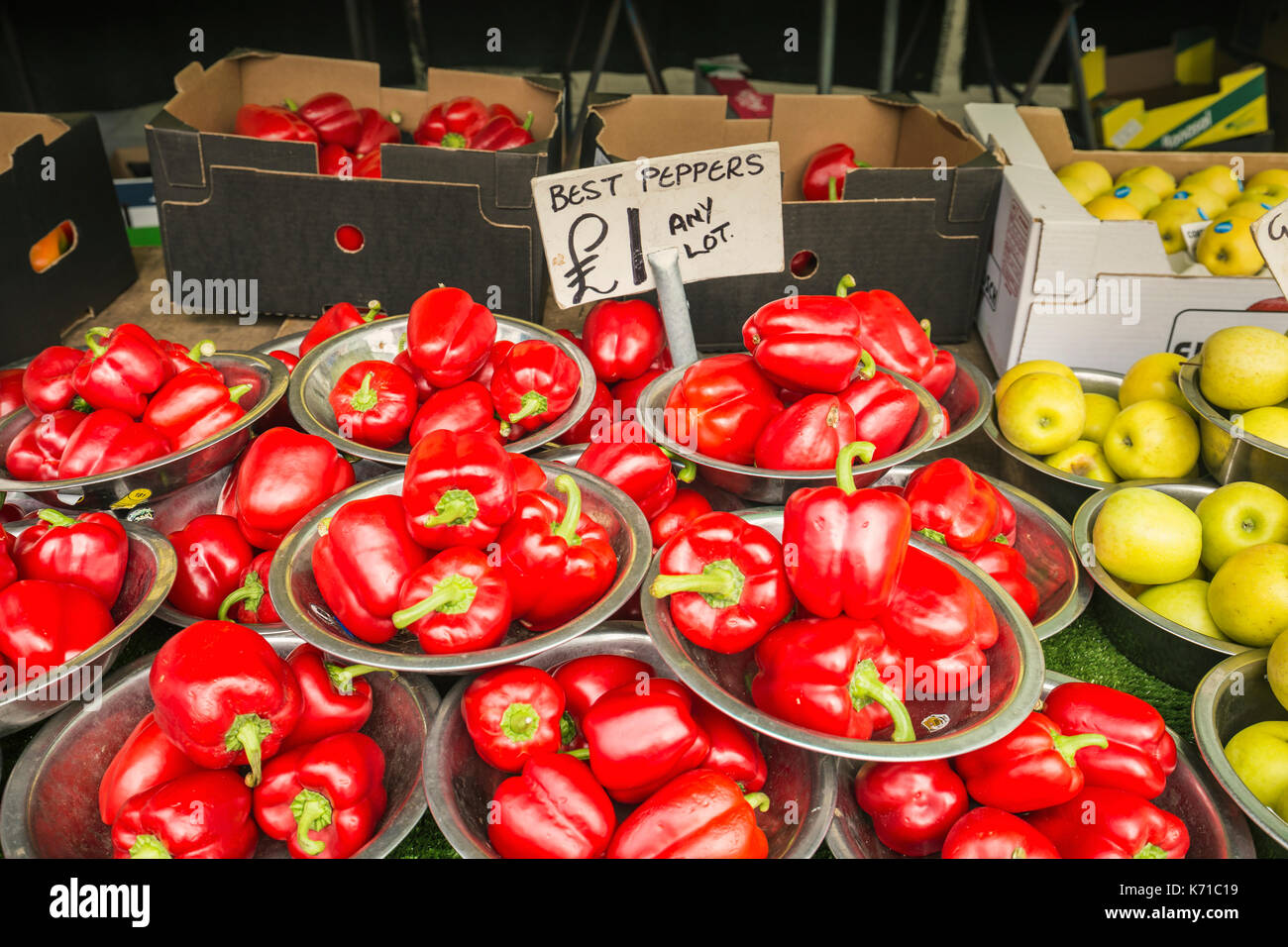 Red Peppers in Bowls on Display, Outdoor Market in London Stock Photo ...