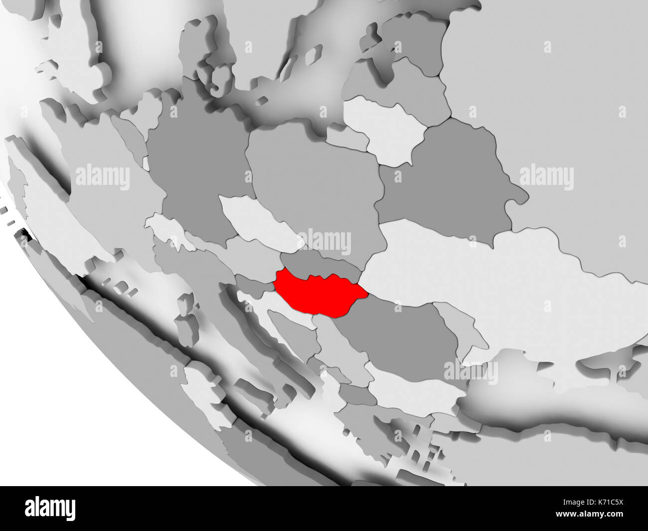 Hungary in red on simple grey political globe with visible country ...