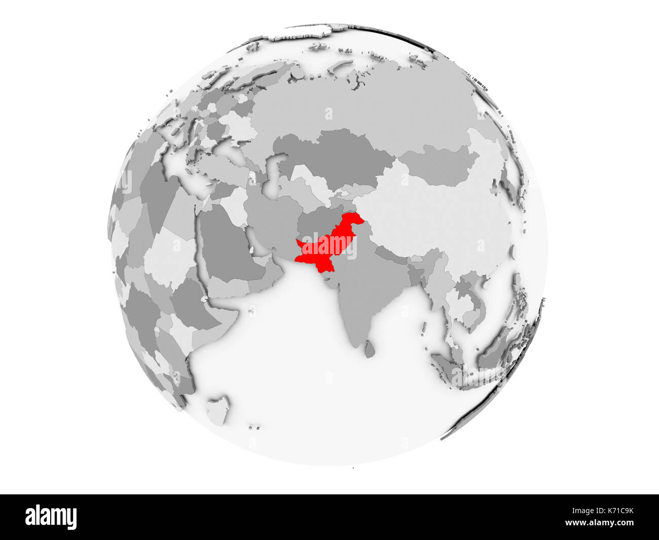Pakistan highlighted in red on grey political globe. 3D illustration ...