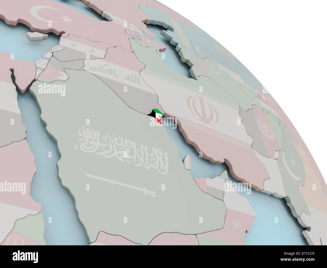 Illustration of Kuwait on political globe with embedded flags. 3D ...