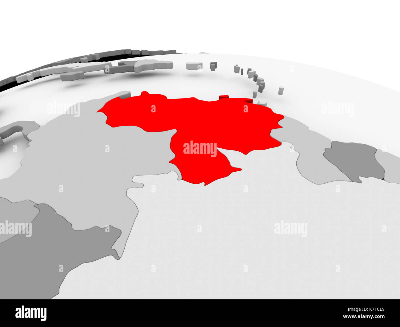 Venezuela in red on grey model of political globe. 3D illustration ...