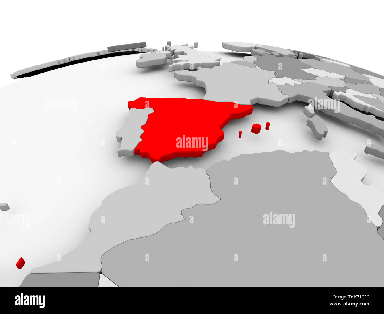 Spain in red on grey model of political globe. 3D illustration Stock ...