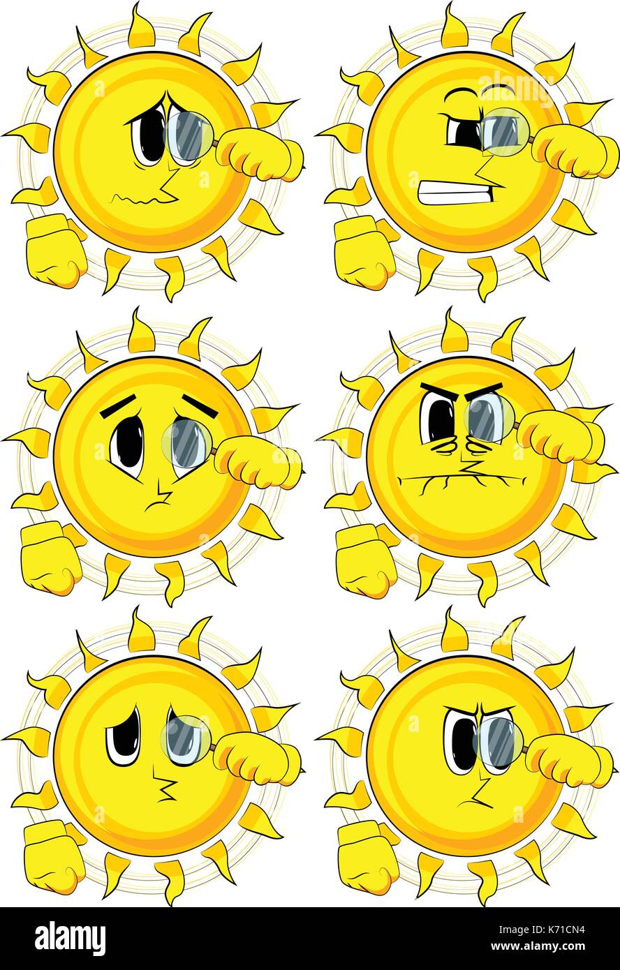 Cartoon sun holding a magnifying glass. Collection with sad faces ...