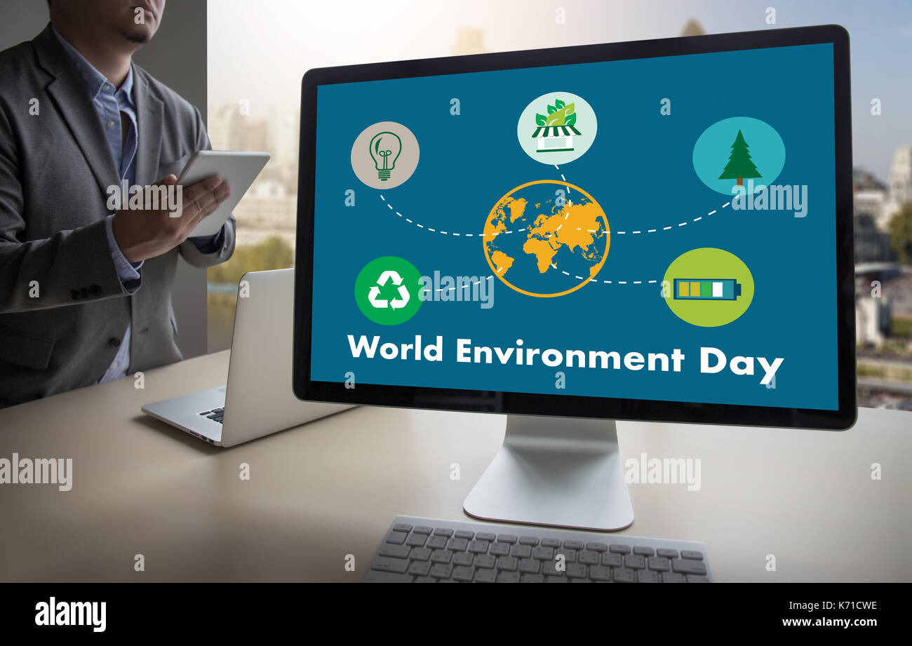 World environment day Earth globe Ecology tree and green leaf water ...