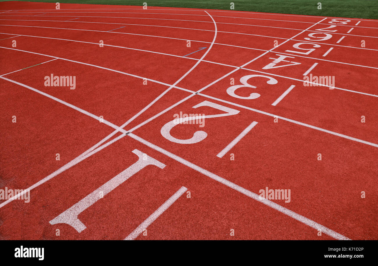 field run in stadium Red running with lanes over sky Stock Photo - Alamy