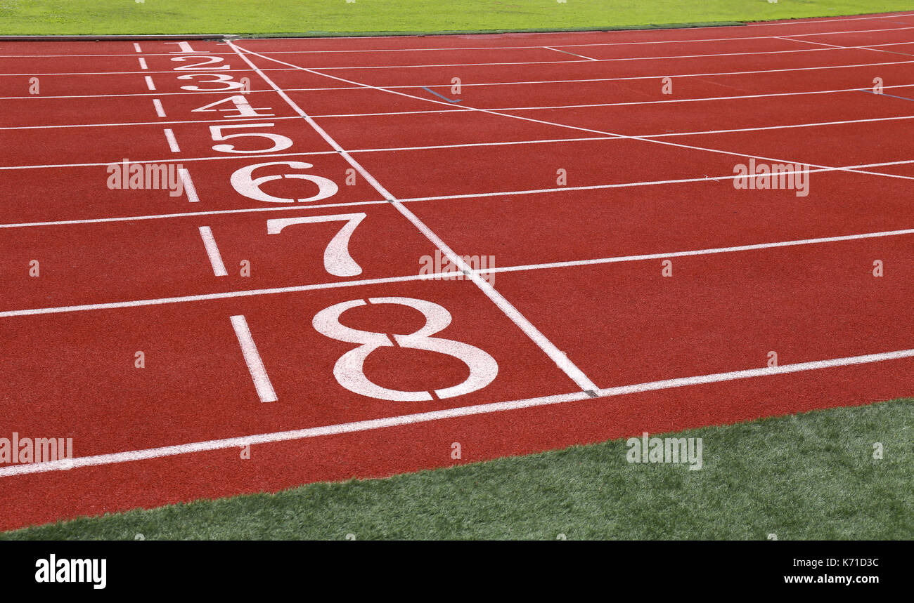 field run in stadium Red running with lanes over sky Stock Photo - Alamy