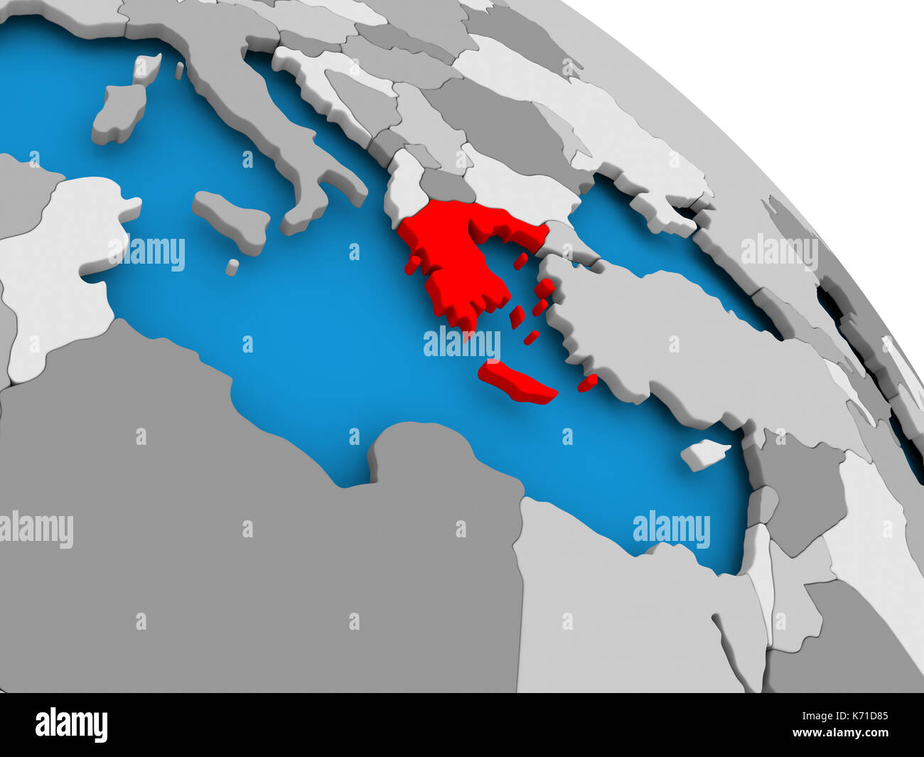 Illustration of Greece highlighted in red on globe. 3D illustration ...
