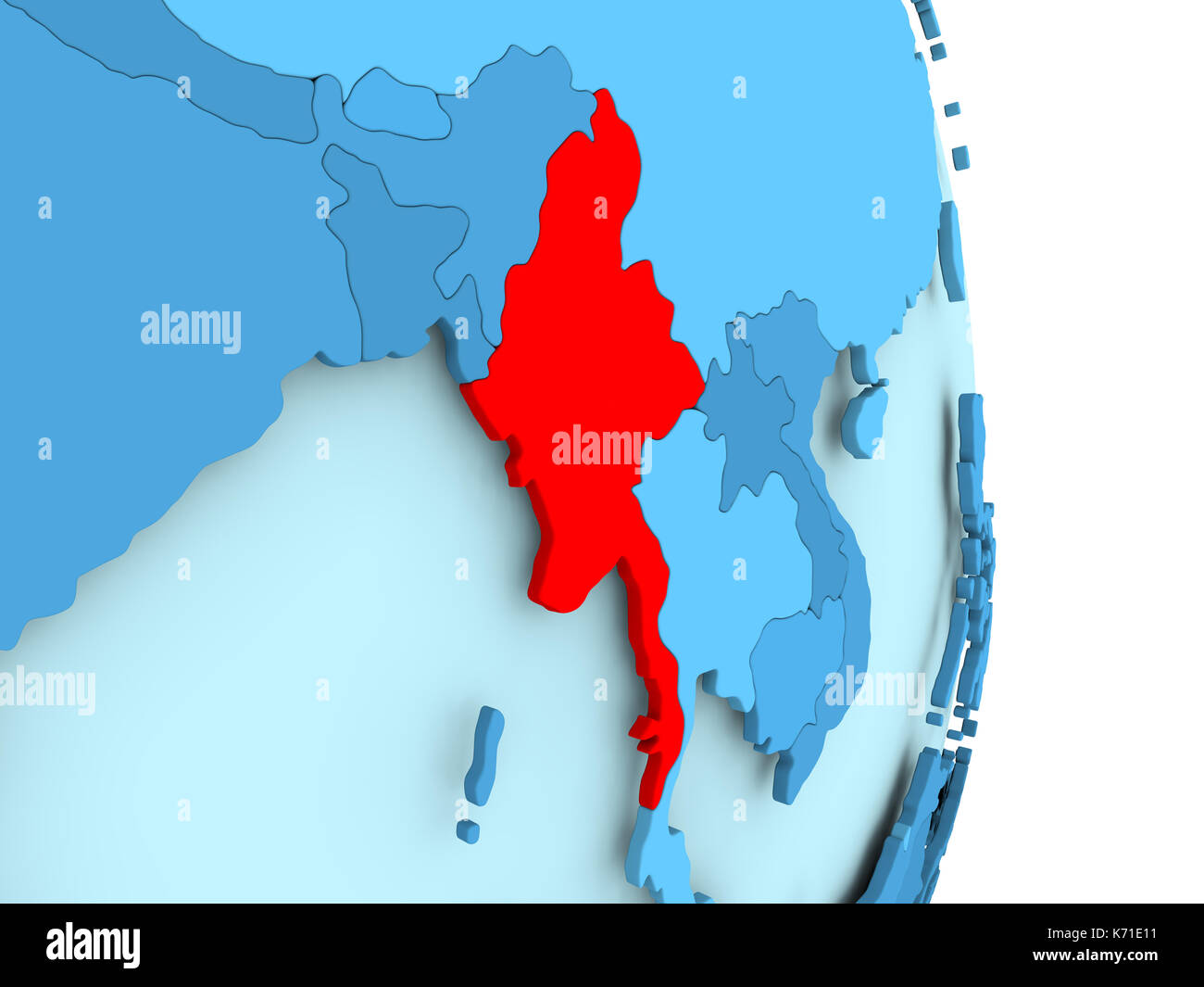 Myanmar in red on simple blue political globe with visible country ...