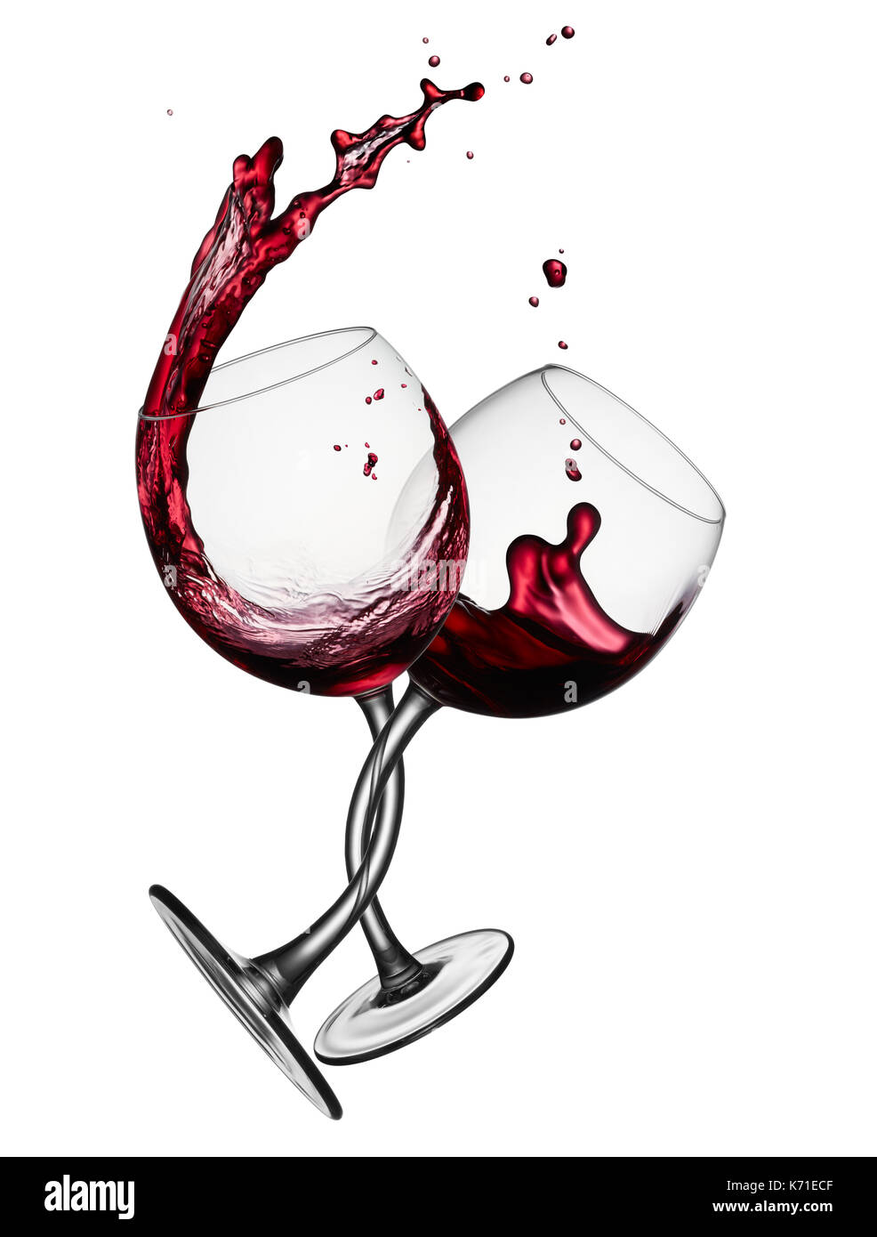 two glasses of red wine tangled around each other Stock Photo - Alamy
