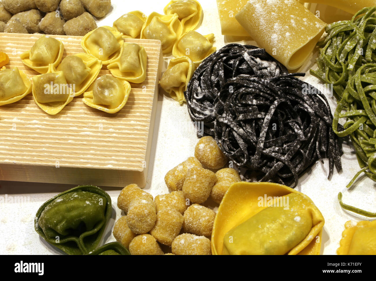 Italian fresh pasta with tortellini and lasagne for sale in the grocery ...