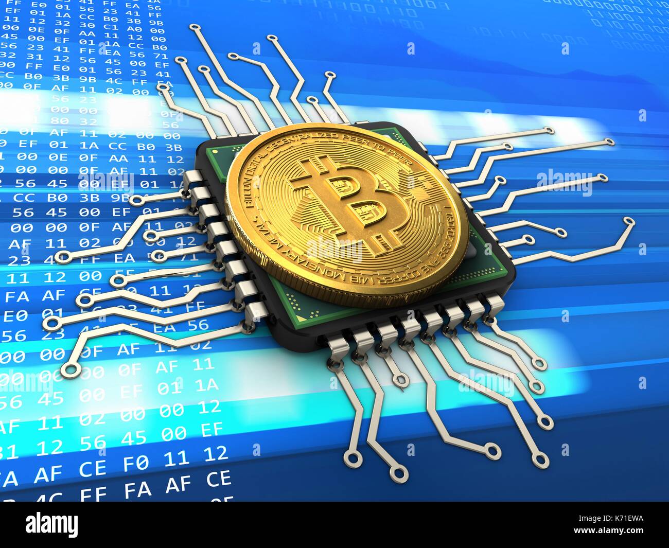 3d illustration of bitcoin over cyber background with cpu Stock Photo ...