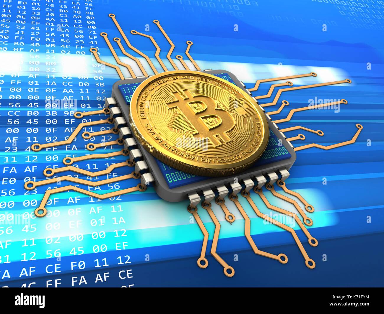 3d illustration of bitcoin over cyber background with cpu Stock Photo ...