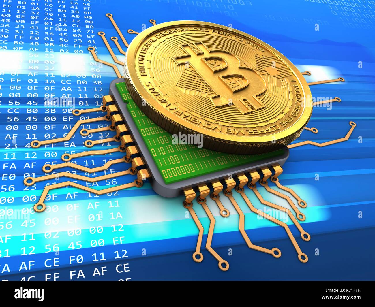 3d illustration of bitcoin over cyber background with cpu Stock Photo ...