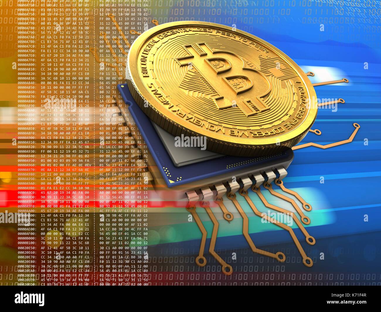 3d illustration of bitcoin over cyber background with cpu orange Stock ...