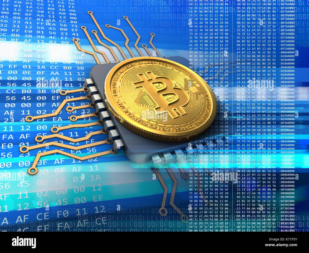 3d illustration of bitcoin over cyber background with cpu blue Stock ...