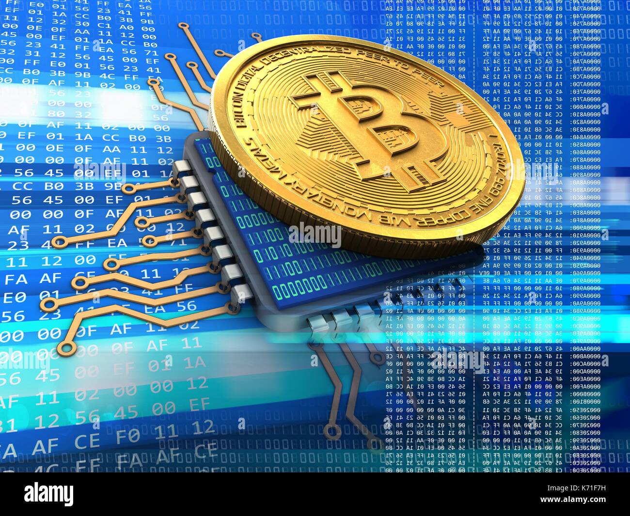 3d illustration of bitcoin over cyber background with cpu blue Stock ...