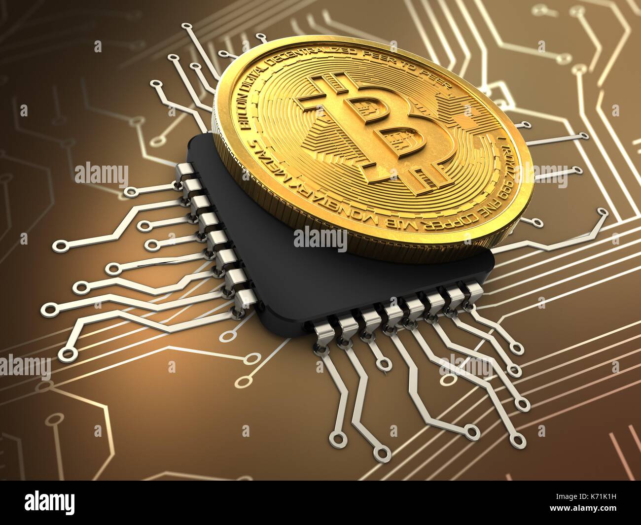 3d illustration of bitcoin over circuit background with cpu Stock Photo ...