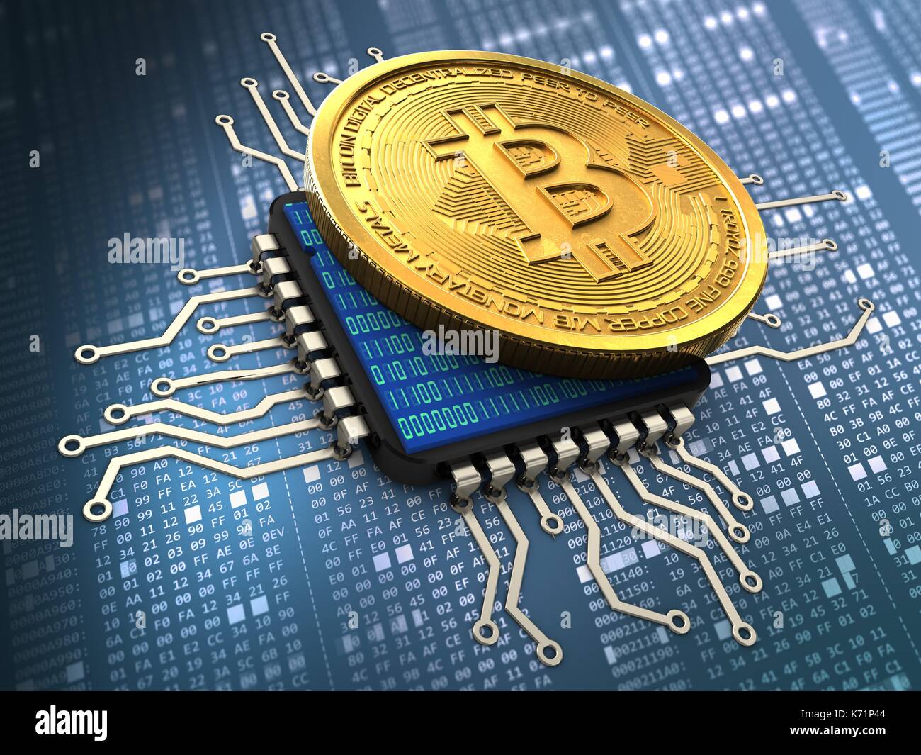 3d illustration of bitcoin over hexadecimal background with cpu Stock ...