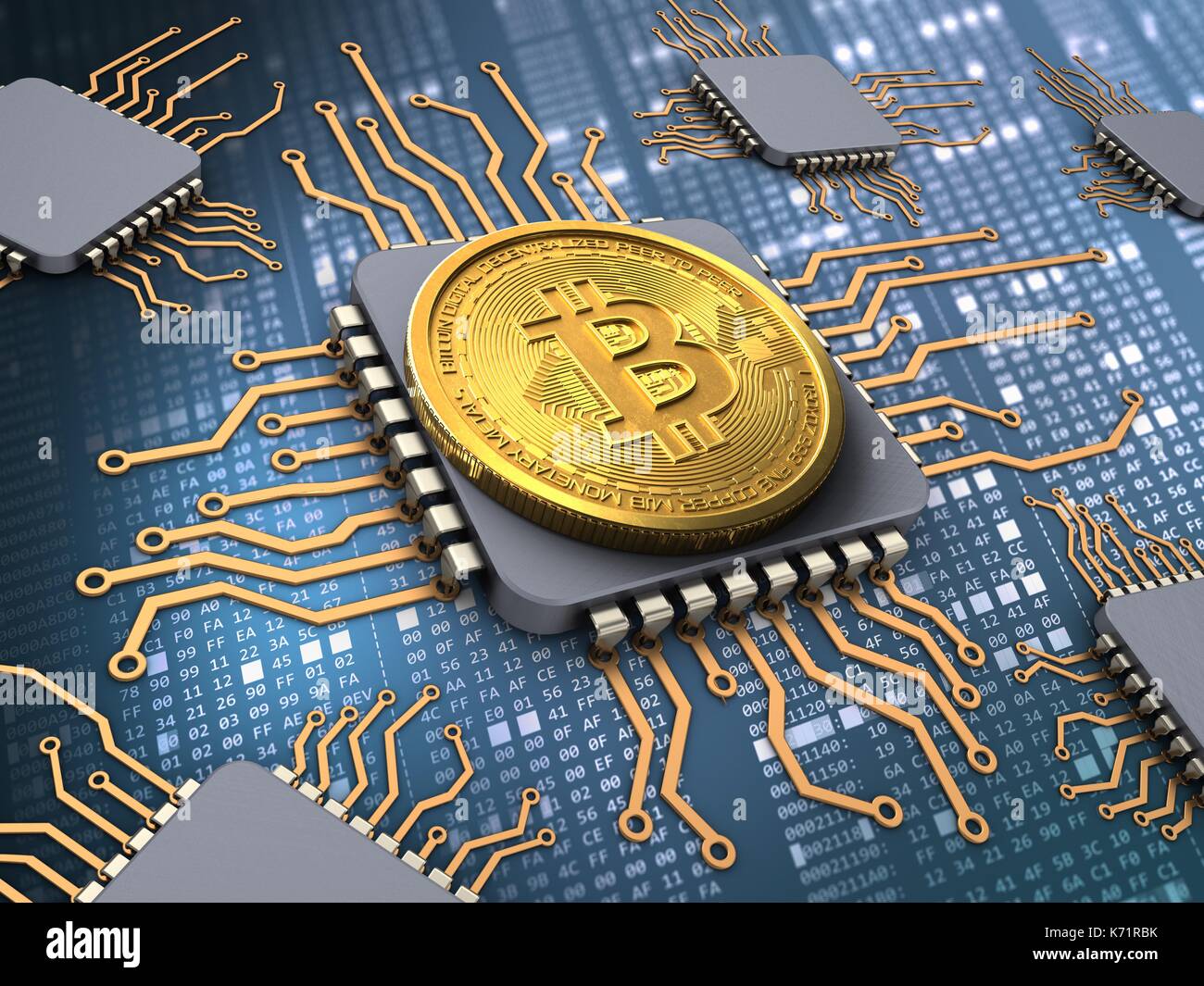 3d illustration of bitcoin over hexadecimal background with processors ...
